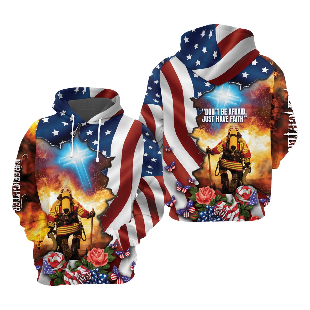 1Godoprint American Flag Jesus Cross Firefighter Hoodie for Men Just ...