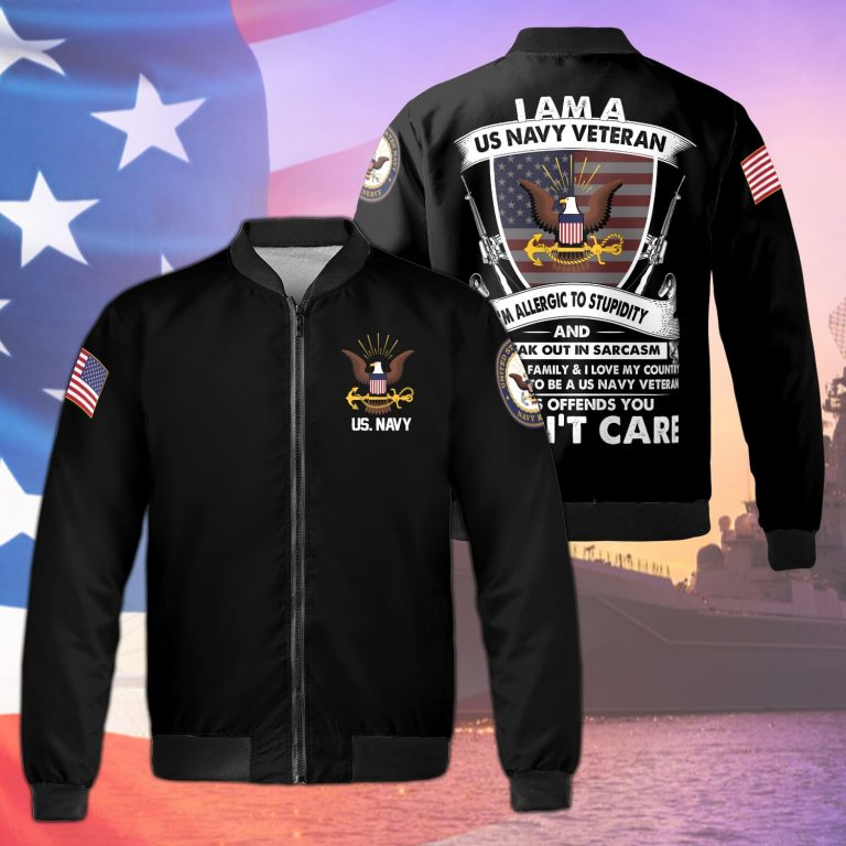 US Navy Veteran Eagle American Flag Fleece Bomber Jacket - GodoPrint.Com